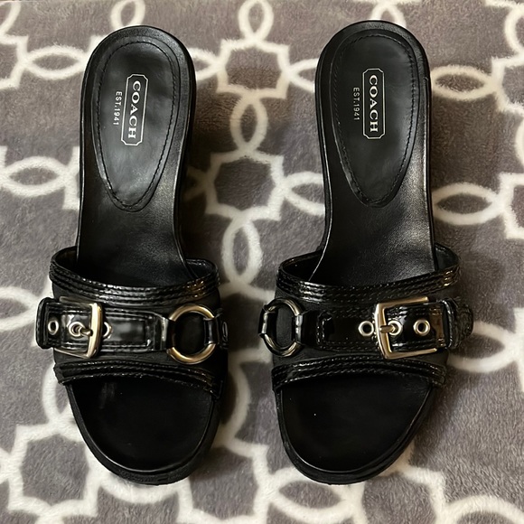 Coach | Shoes | Coach Size 7 Black Patent Wedge Sandals | Poshmark